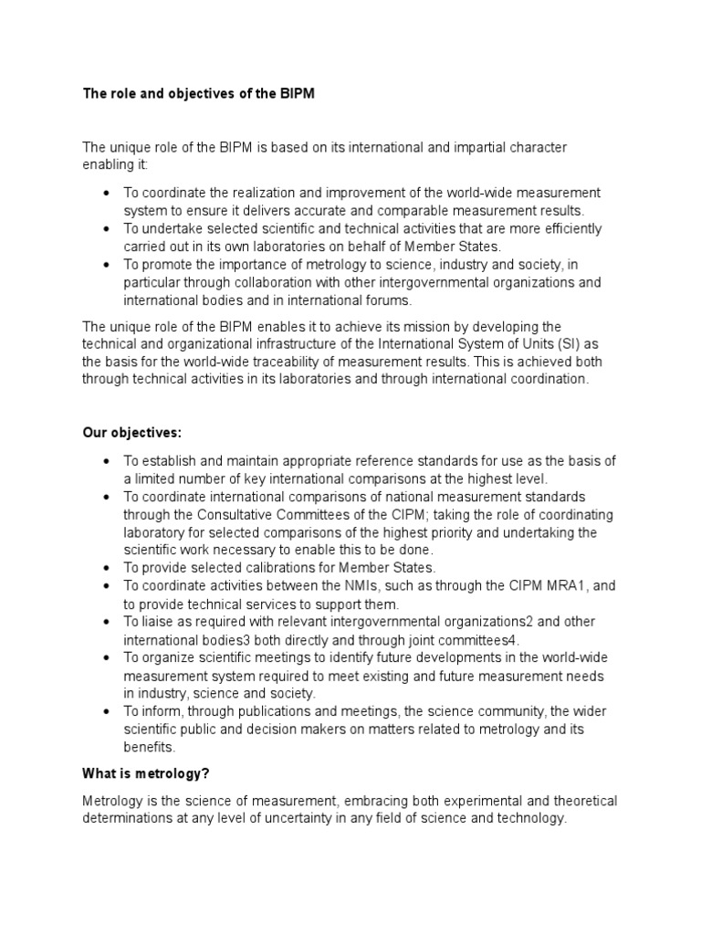 The Role and Objectives of The BIPM | PDF | Metrology | International ...