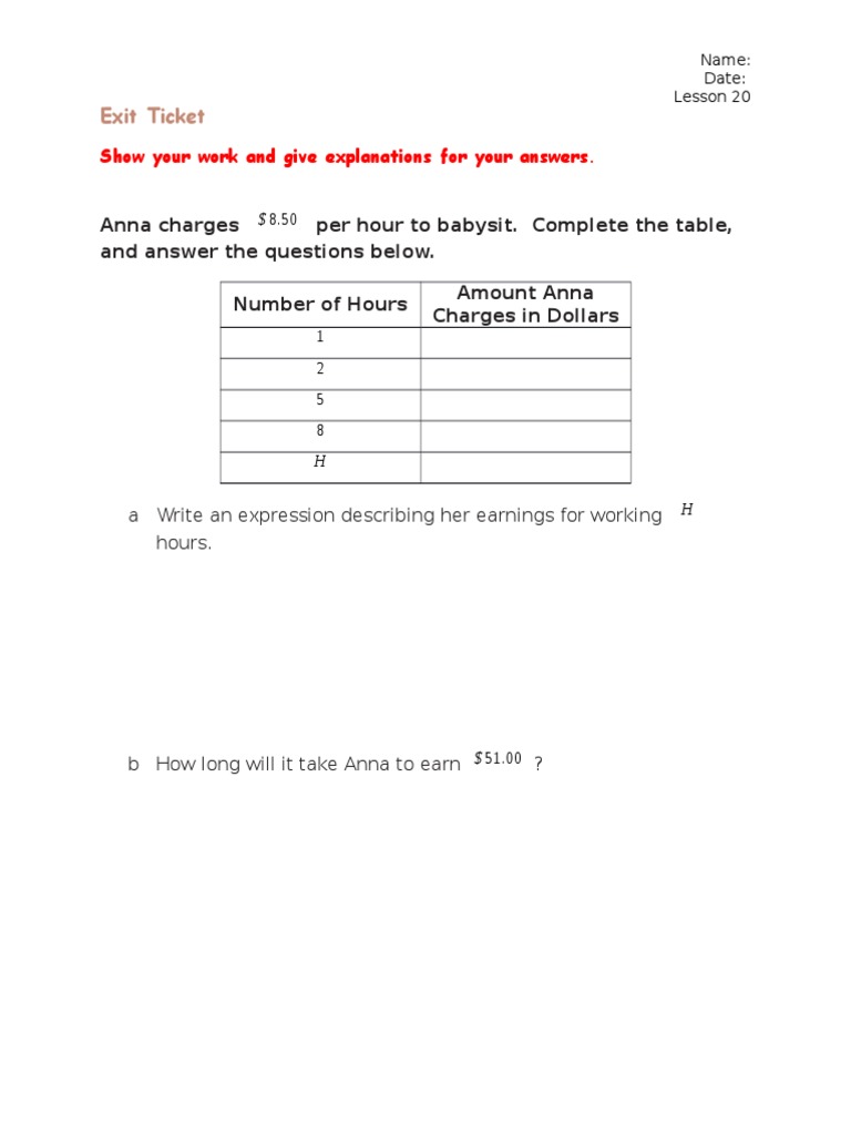 Exit Ticket: Show Your Work and Give Explanations For Your Answers | PDF