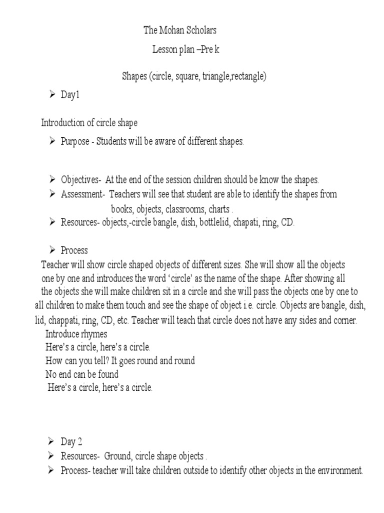 Pre-K Shapes Lesson Plan: Circle, Square, Triangle, Rectangle | PDF ...