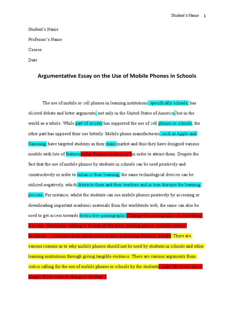 Argumentative Essay On The Use of Mobile Phones in Schools: Student's ...