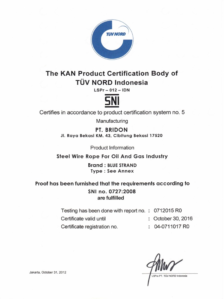 SNI 0727 Certification - PT Bridon | PDF