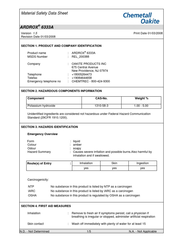 Ardrox 6333a MSDS | PDF | Safety | Chemistry