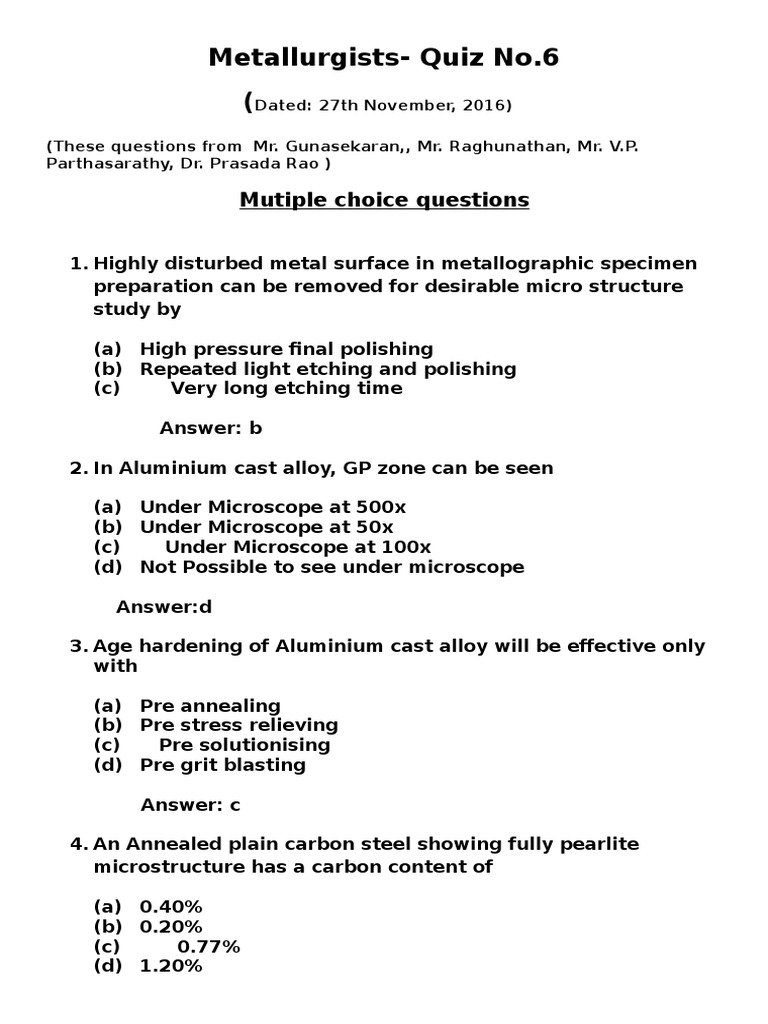 Metallurgists-Quiz No.6 (: Mutiple Choice Questions | PDF | Annealing ...