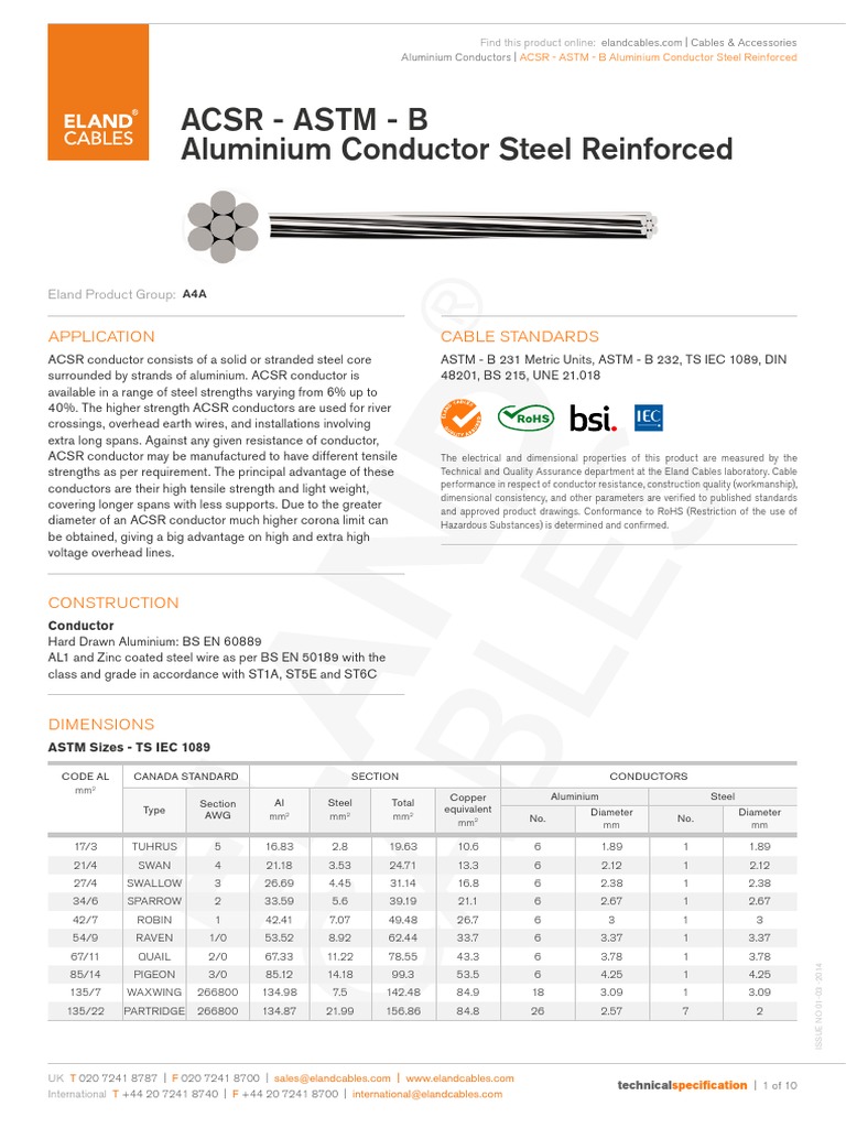 ACSR Aluminium Conductor Specs | PDF | Wire | Electricity