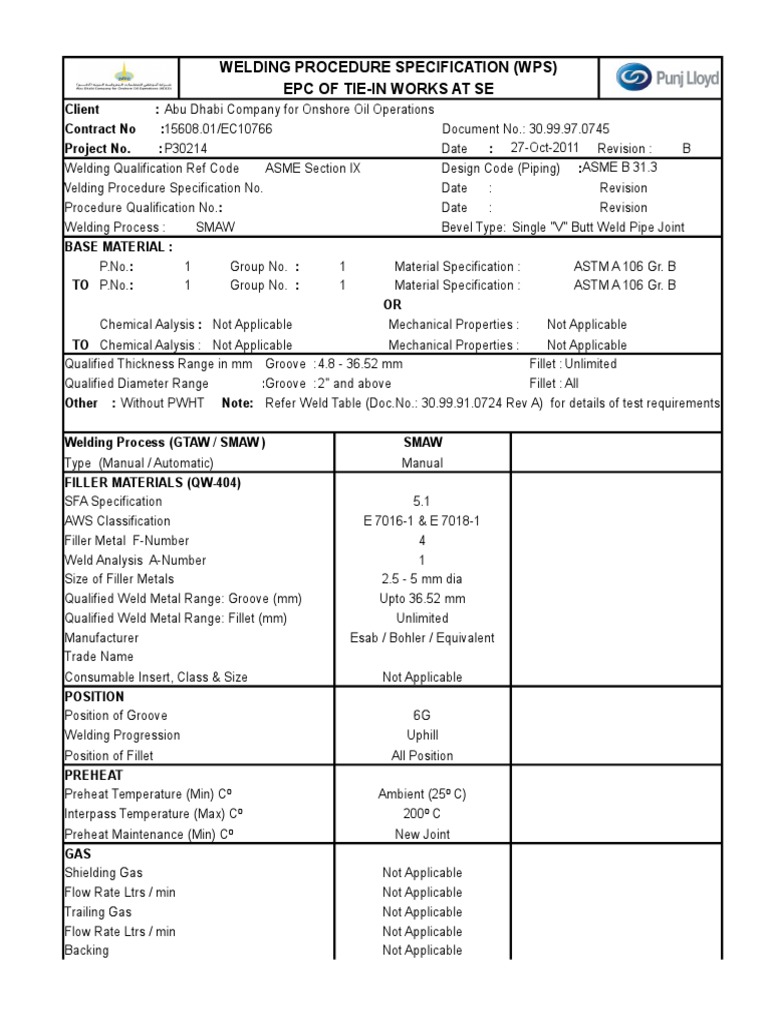 WPS Sample.xlsx | Welding | Pipe (Fluid Conveyance)