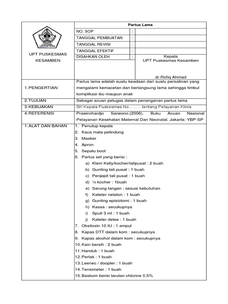 SOP Partus Lama | PDF | Kesehatan Holistik | Sains & Matematika
