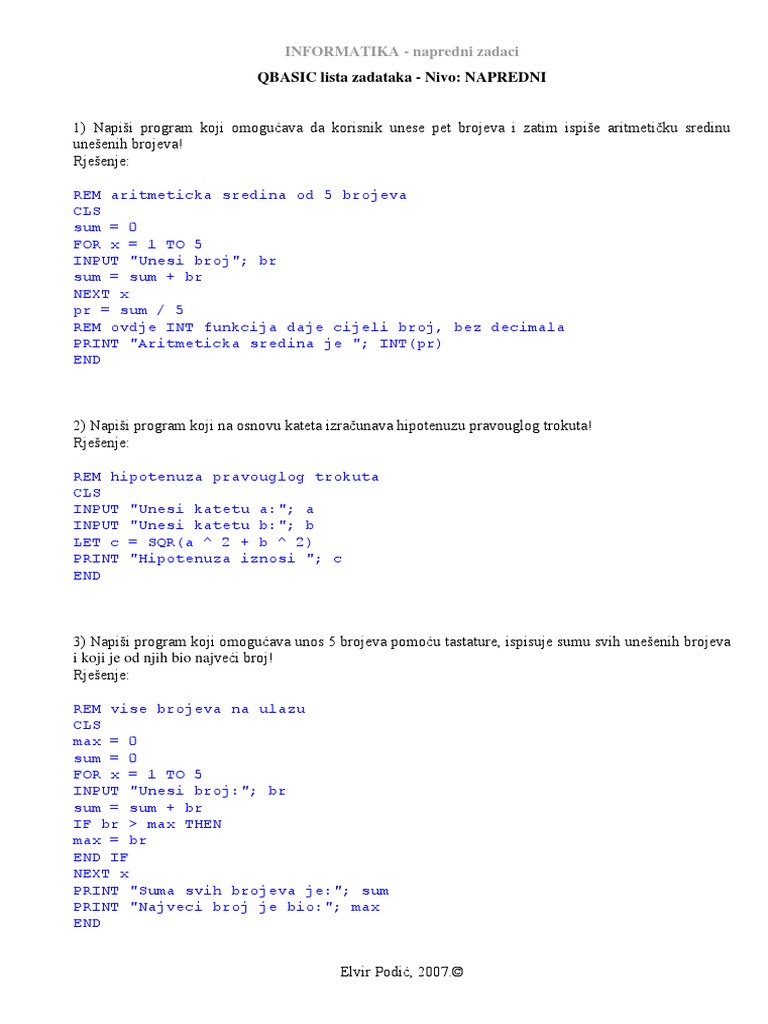 QBASIC Lista Zadataka Slozeniji PDF | PDF