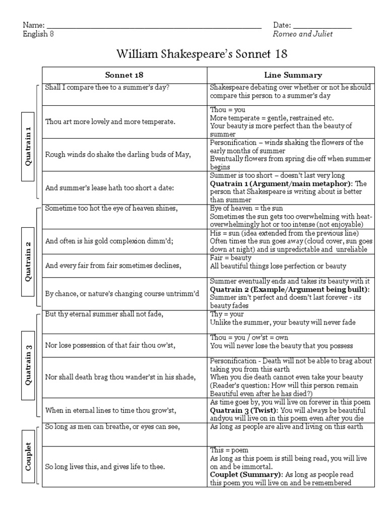 Sonnet 18 Key | PDF | Poetic Form | Stanzaic Form
