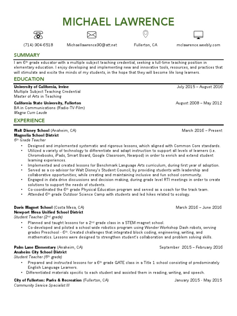 Michael Lawrence Resume 2017 | PDF | Teachers | Curriculum