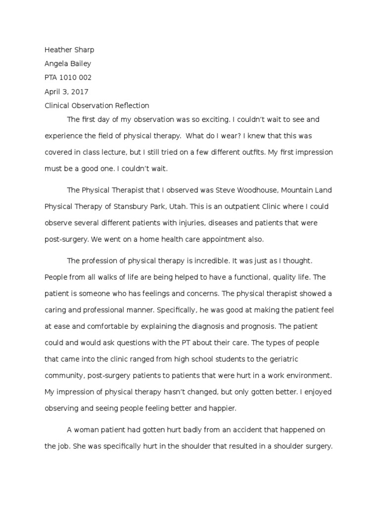 pta observation reflection | Physical Therapy | Medical Specialties