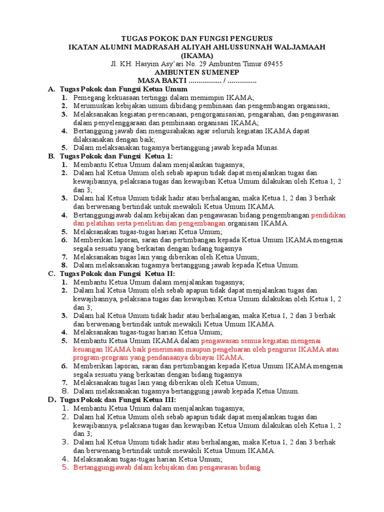 Tugas Pokok Dan Fungsi Pengurus Ikama | PDF