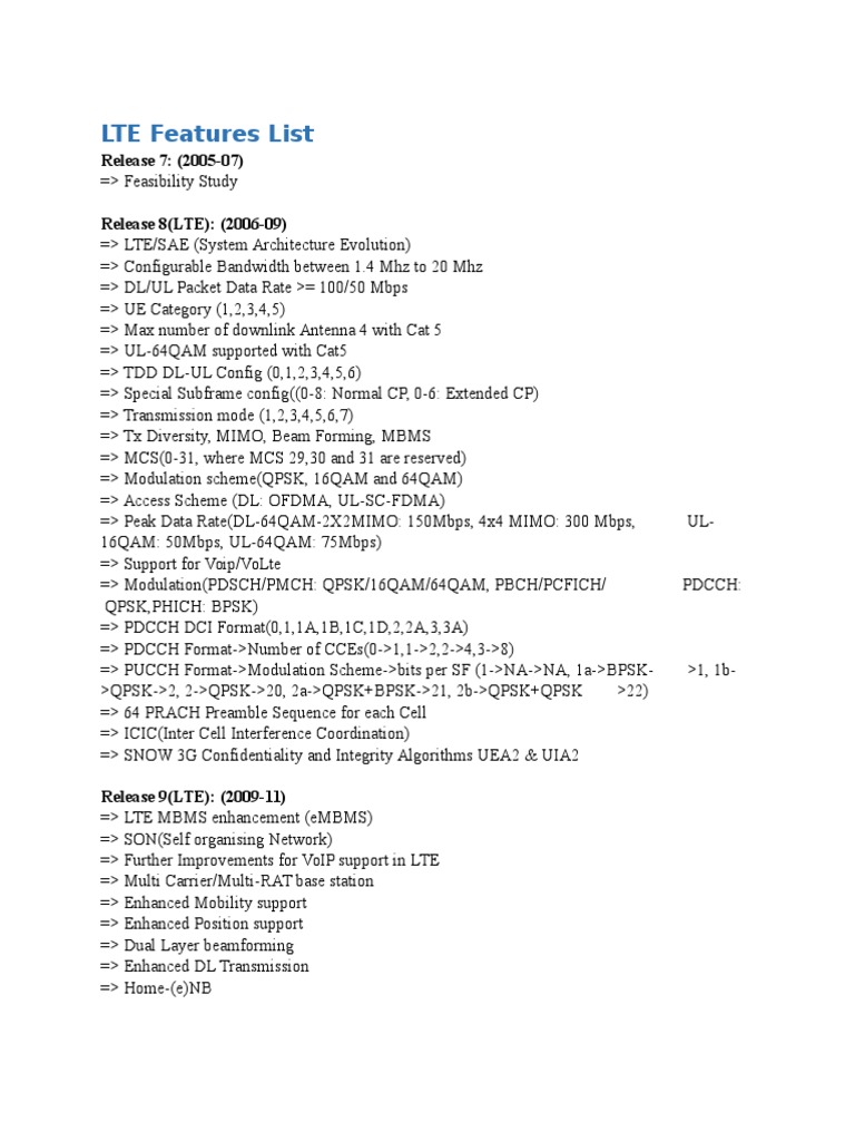LTE Feature List | PDF | Lte (Telecommunication) | Duplex ...