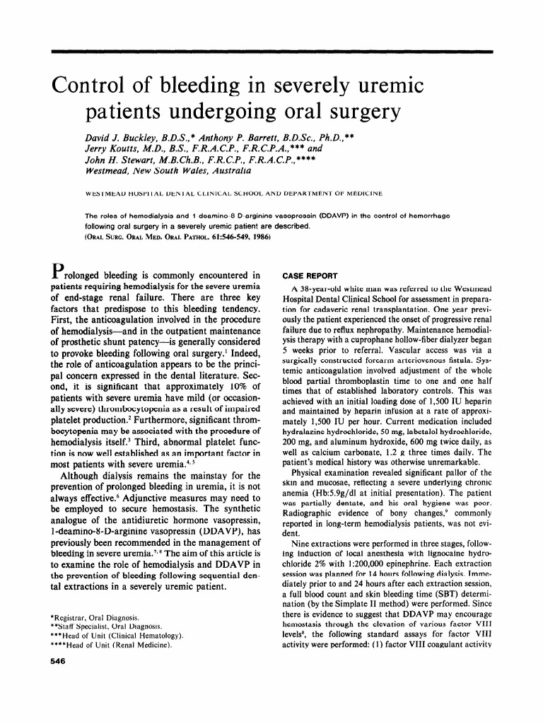 Control of Bleeding in Severely Uremic Patients Undergoing Oral Surgery ...
