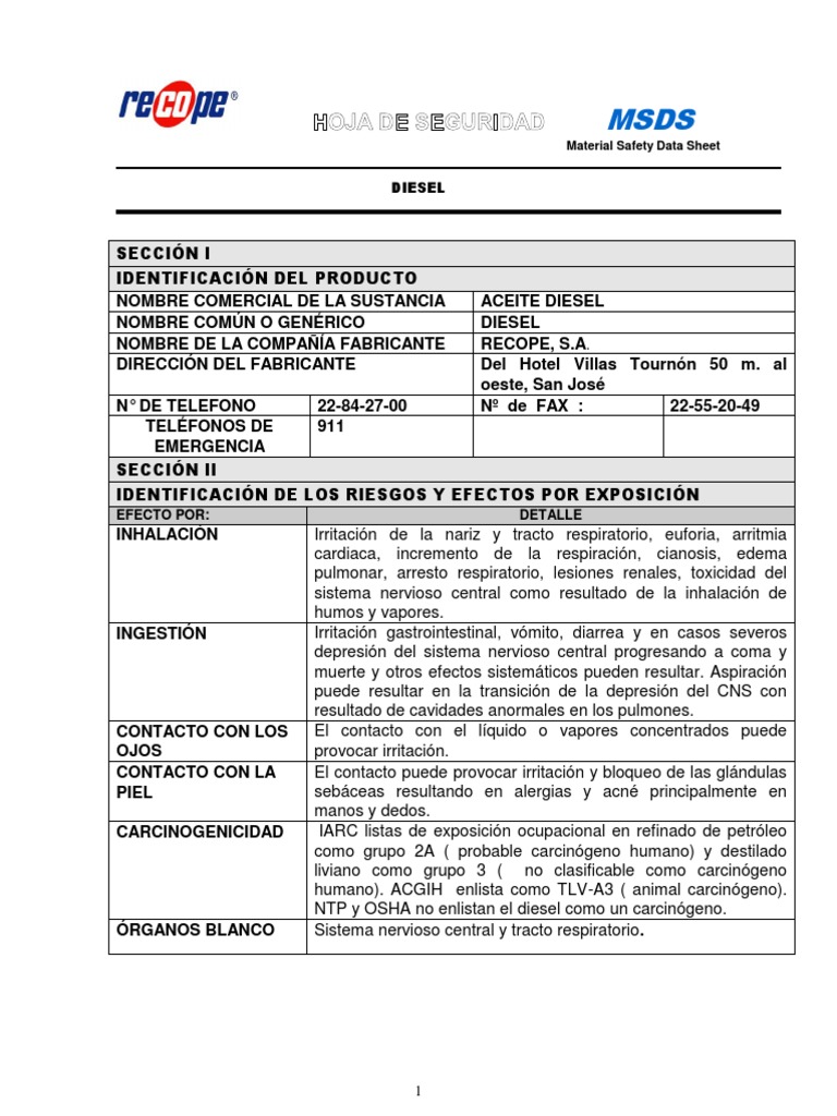 Material Safety Data Sheet for Diesel Fuel | PDF | Oxígeno | Carbón