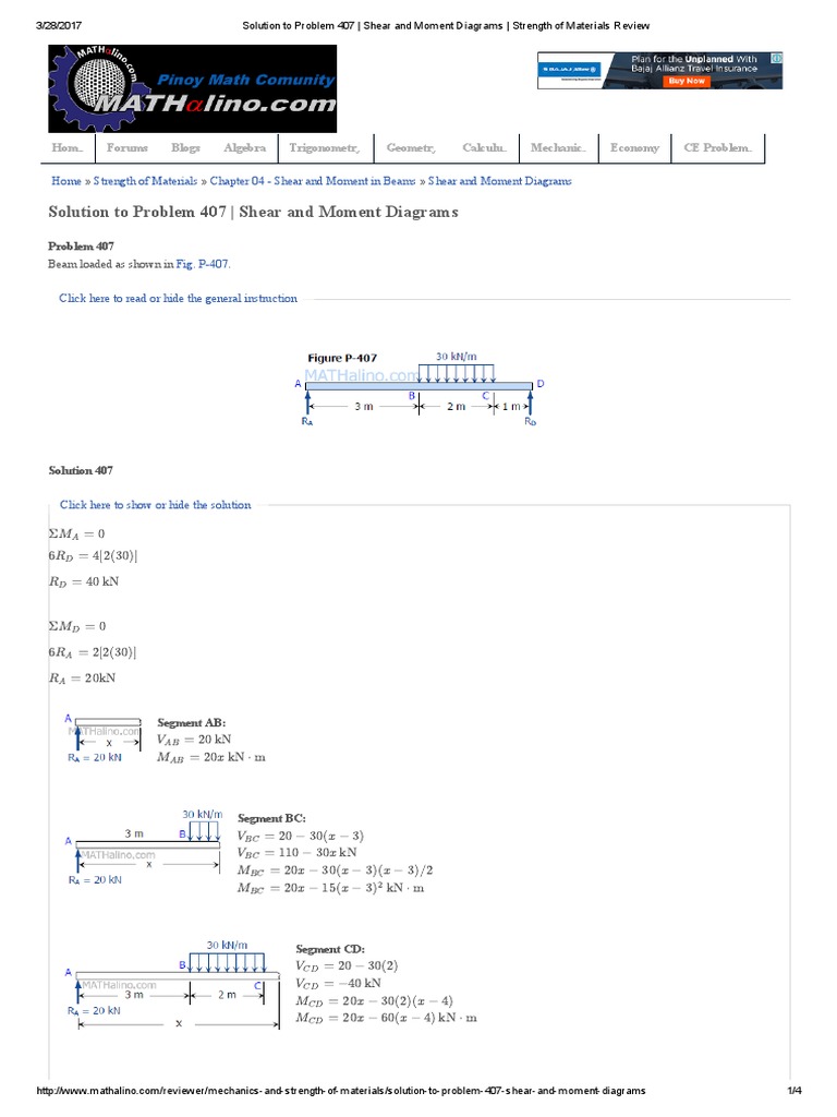 Solution To Problem 407 - Shear and Moment Diagrams - Strength of Materials Review | PDF | Beam ...