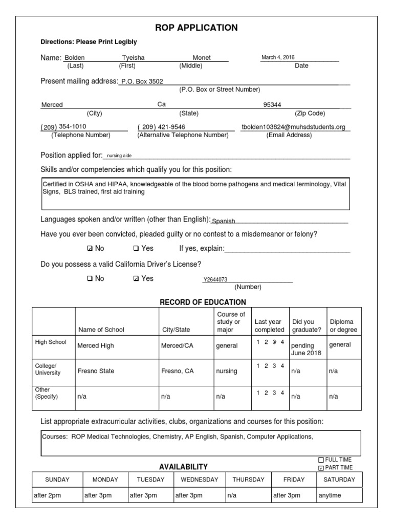 Rop Job Application With Availability - Fillable For Website | PDF