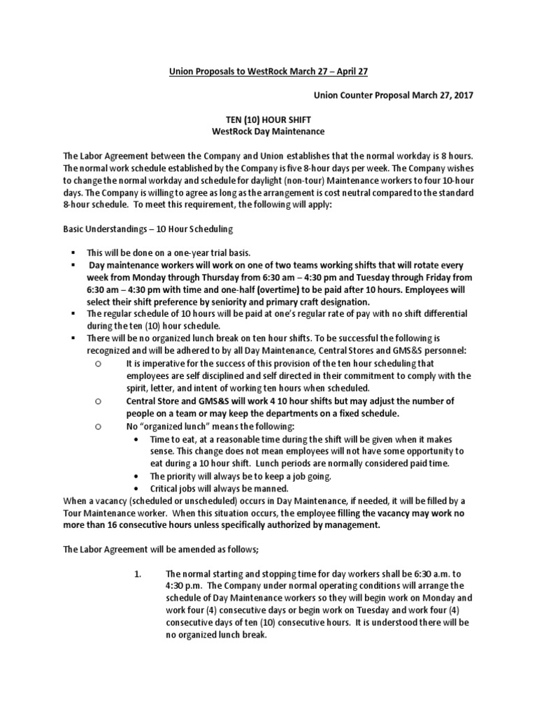 Union Proposals To WRK March 27 - April 27 | PDF | Working Time | Overtime
