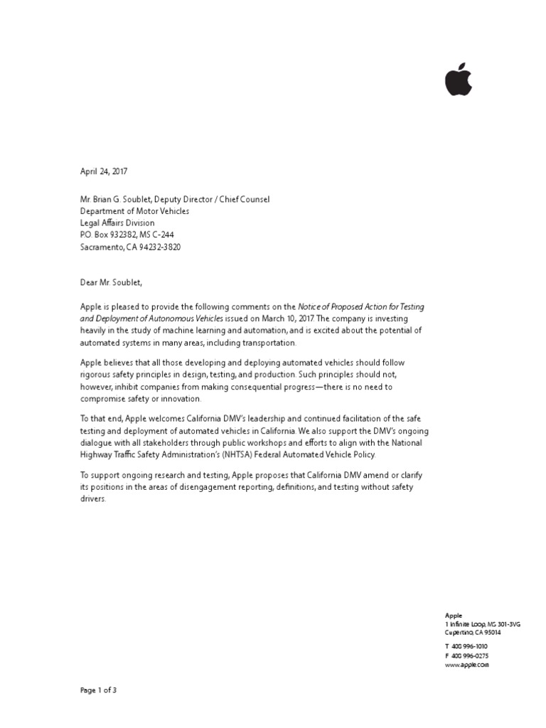 Apple's Letter To California DMV Requesting Clarifications To Test ...
