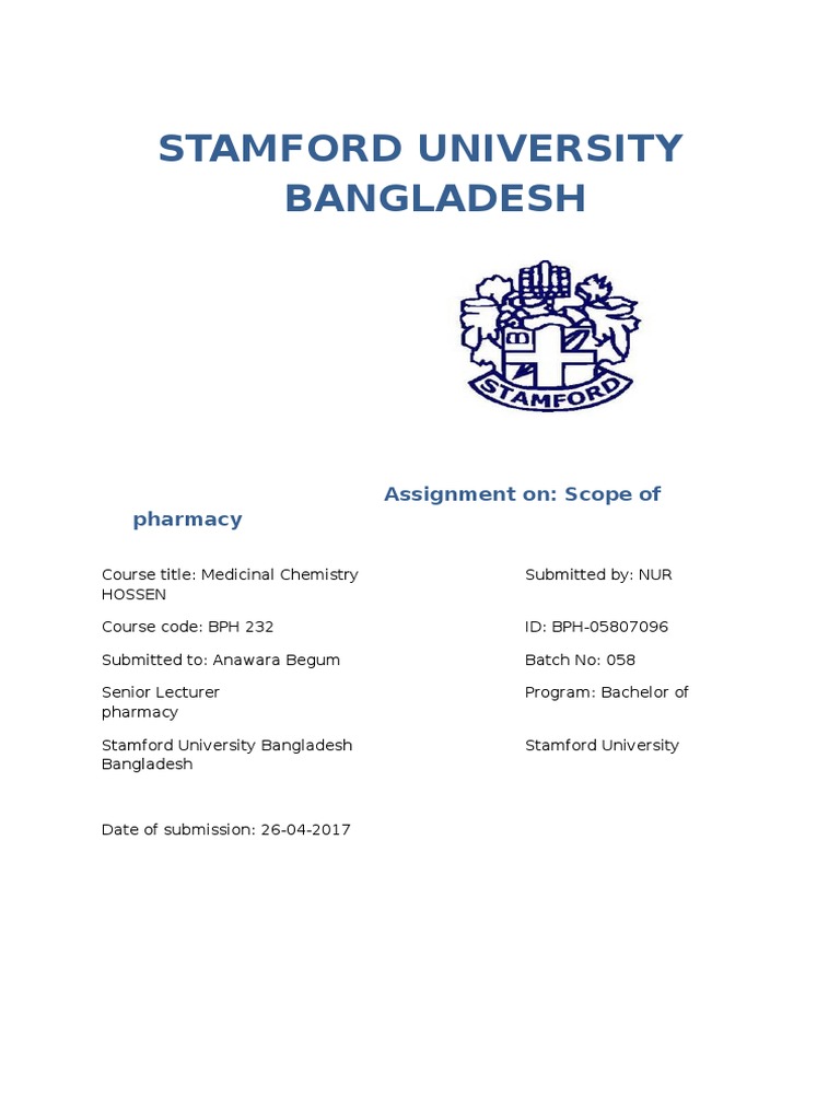 Stamford University Bangladesh: Assignment On: Scope of Pharmacy | PDF