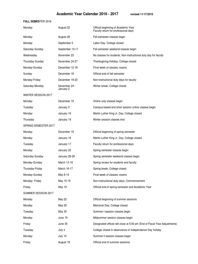 Academic Calendar 2016-2017 Overview | PDF | Academic Term | Observances