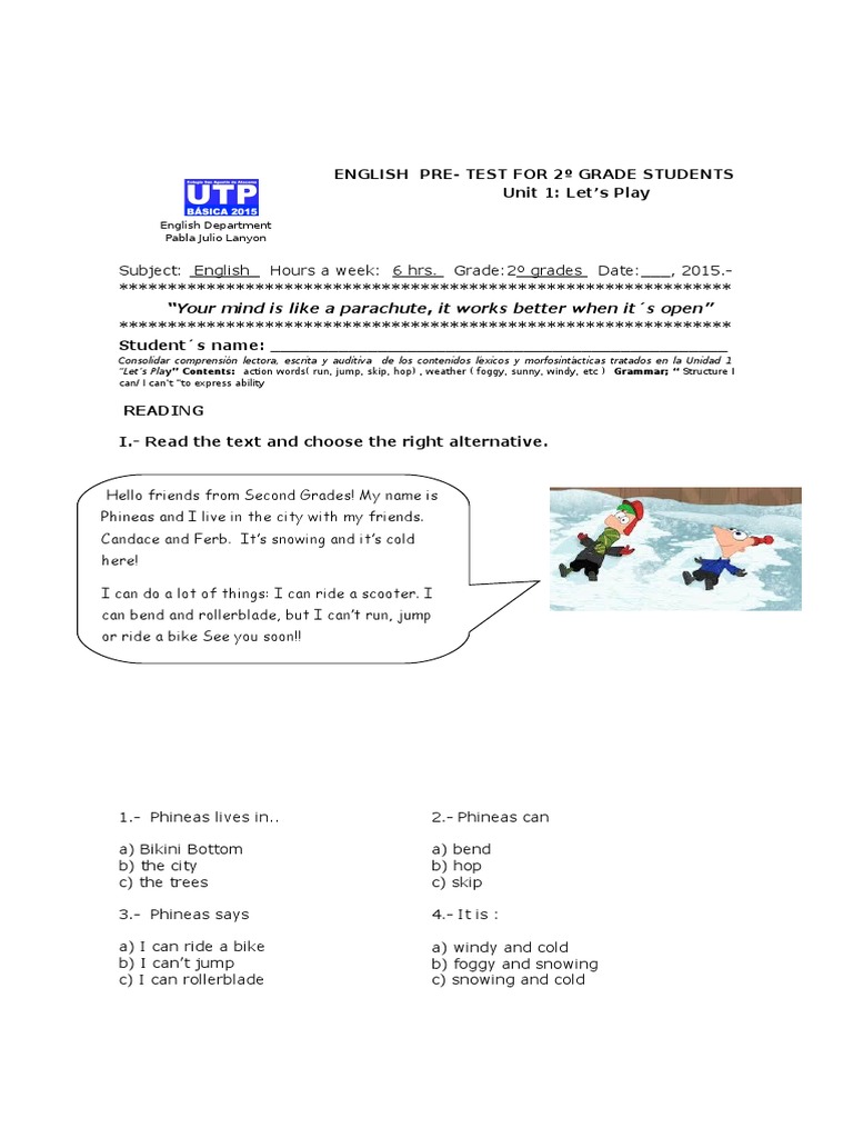 English Pre-Test For 2º Grade Students Unit 1: Let's Play: English ...