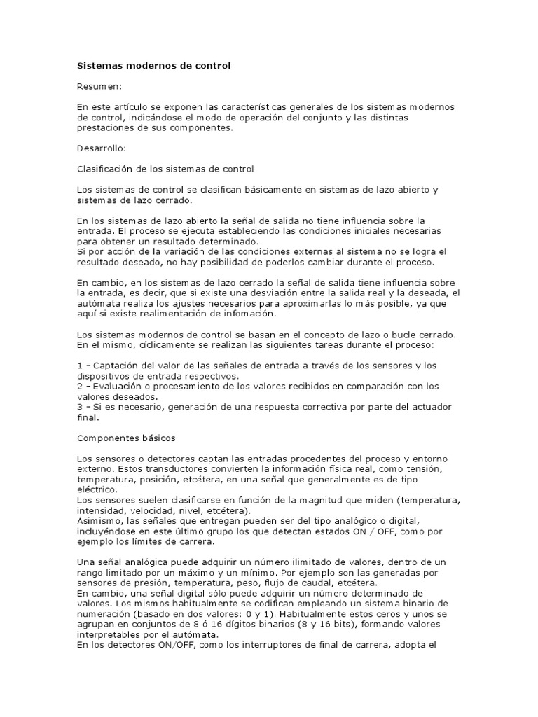 Características de sistemas de control modernos | PDF | Memoria del ...