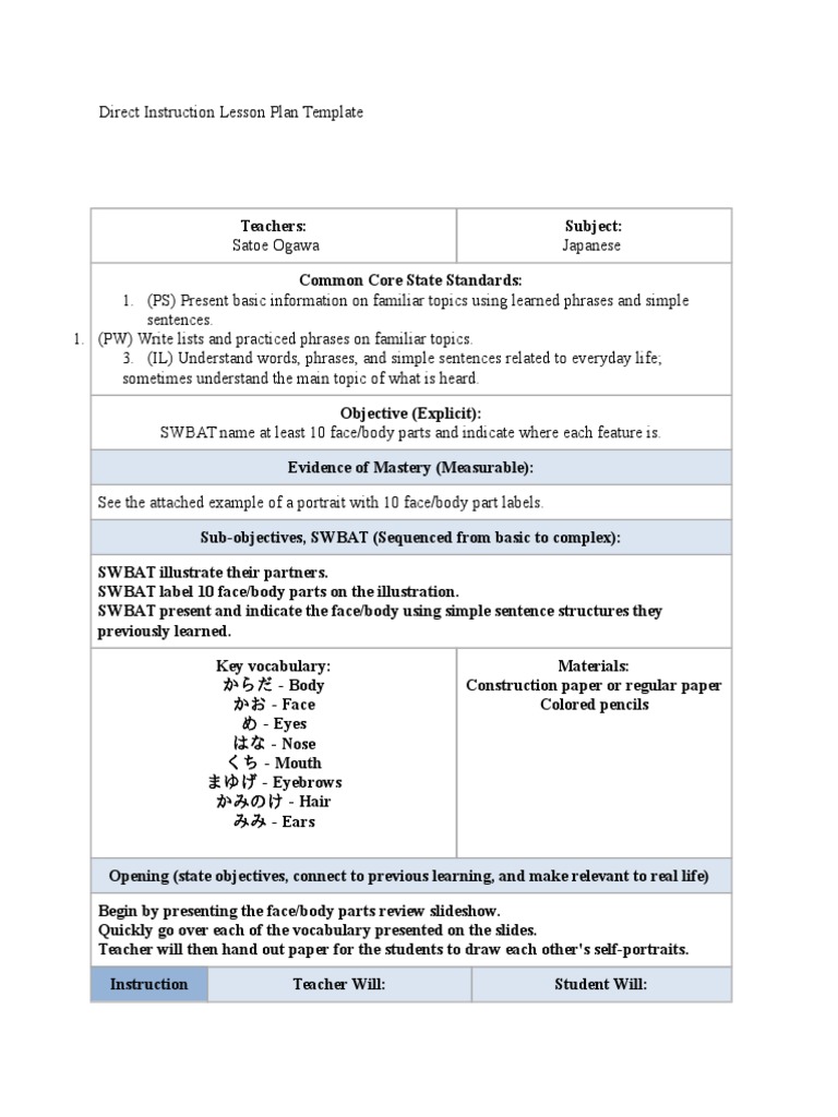Lesson Plan Self Portrait | PDF | Vocabulary | Reading Comprehension
