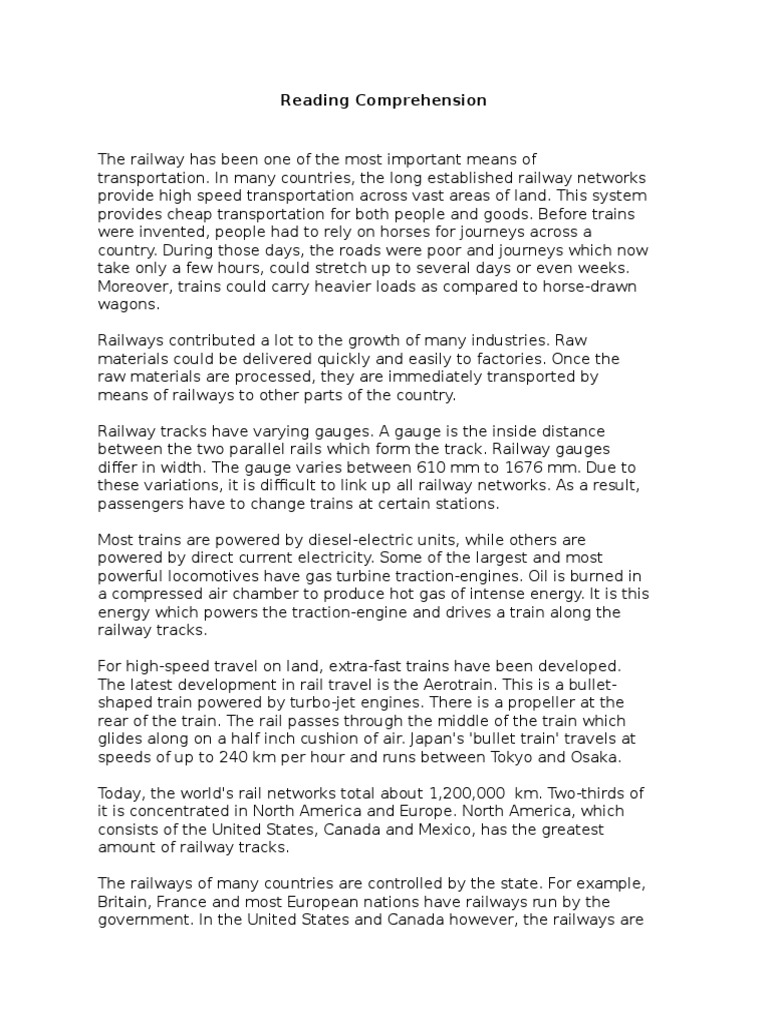 Reading Comprehension Means of Transportation | PDF | Rail Transport ...