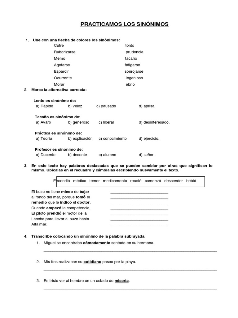 Práctica de Sinónimos y Antónimos | PDF | Artes del Lenguaje y Comunicación