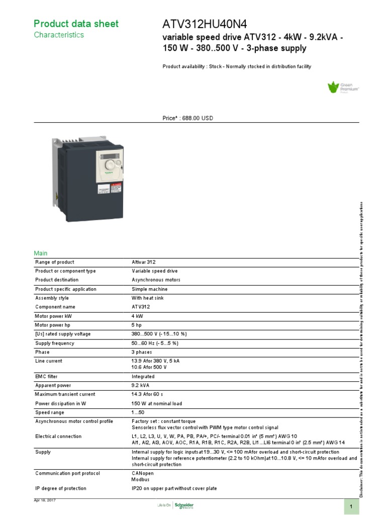 Altivar 312 Drive_ATV312HU40N4 | Electrical Impedance | Relay