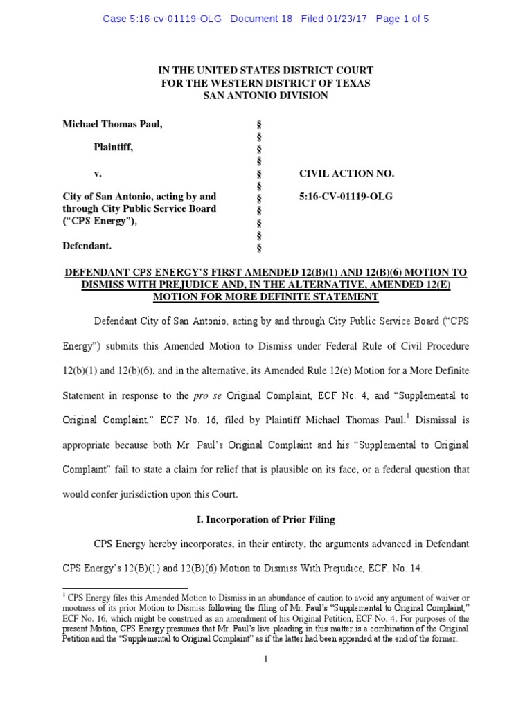 CPS Energy Motion to Dismiss Case 5:16-CV-01119 | PDF | Federal Rules ...