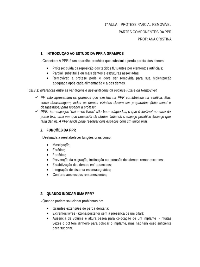 Partes Componentes Da PPR | PDF | Dente | Prótese