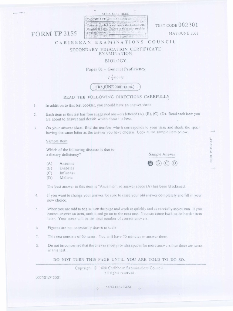 BIOLOGY - CSEC Paper 1 General Proficiency - June 2001 | PDF