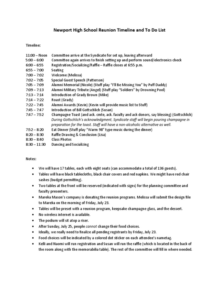 NHS Reunion Timeline and To Do List | PDF