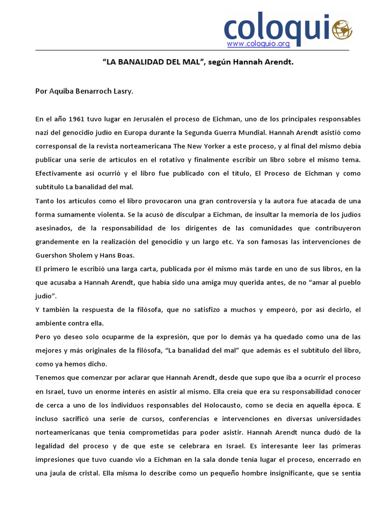 La Banalidad Del Mal | PDF | Hannah Arendt | Filosofía