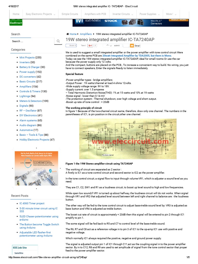 19W Stereo Integrated Amplifier IC-TA7240AP - ElecCircuit | PDF ...