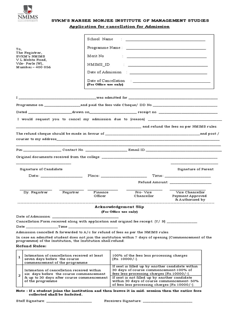 Cancellation Form Format Nmims | PDF | Government | Business