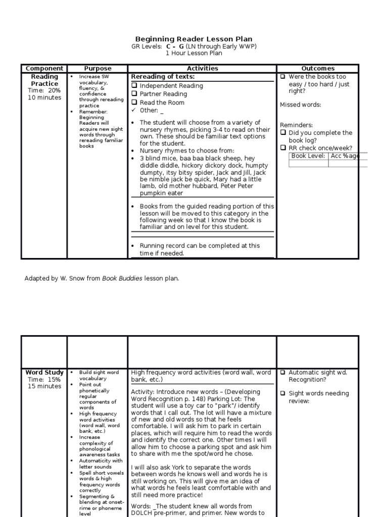 Beginning Reader Lesson Plan 1 Final | PDF | Reading Comprehension ...