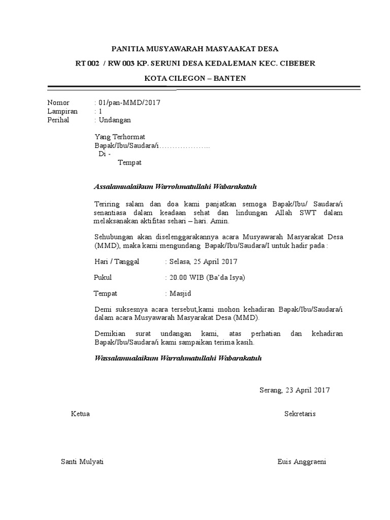 Undangan Musyawarah Masyarakat Desa Cilegon | PDF