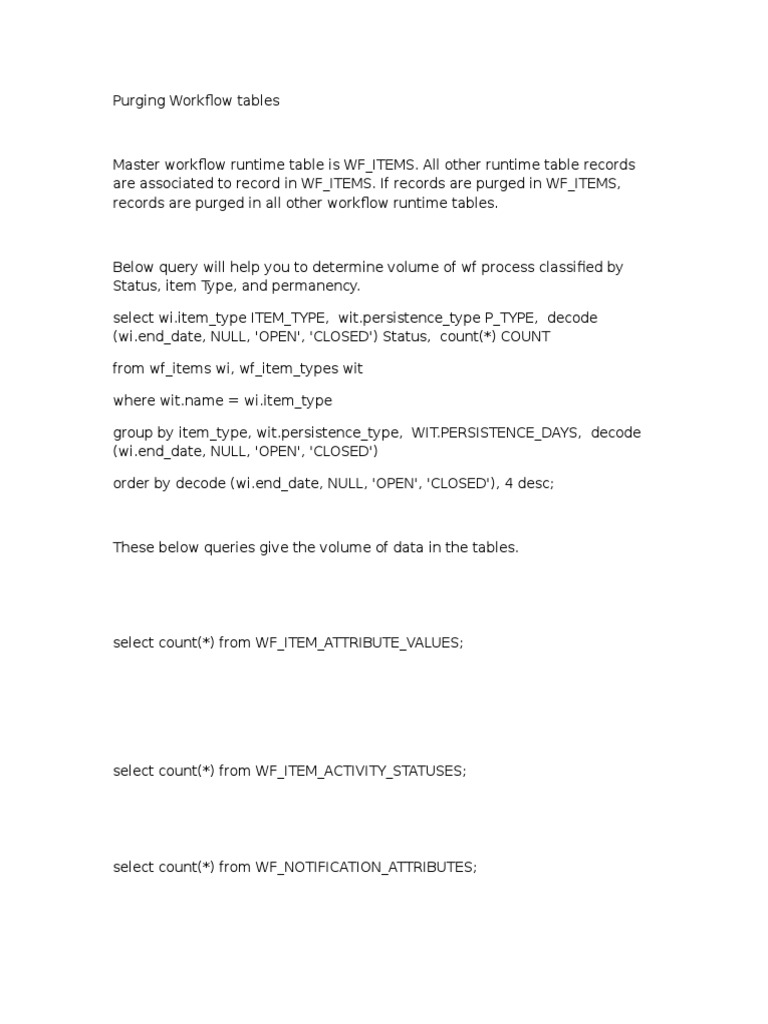 Purging Workflow Tables | PDF | Sql | Information Retrieval