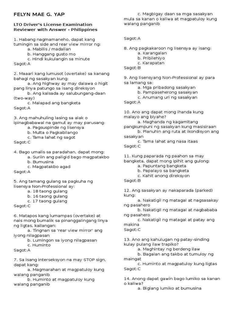 Lto Driver License Examinatiion Reviewer Philippines | PDF