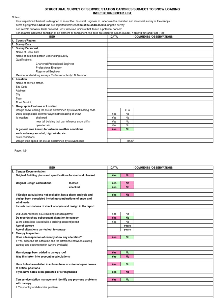 06.013 Canopy Inspection Check List v2 | PDF | Snow | Roof