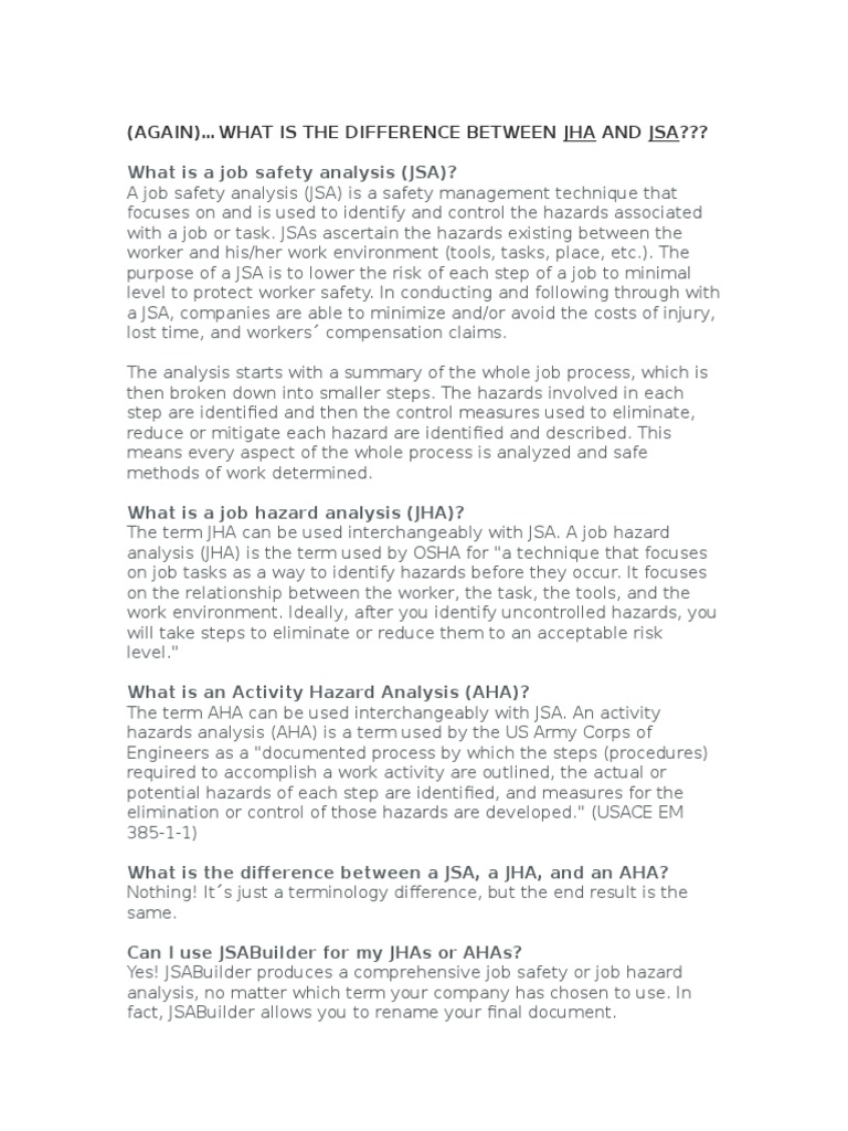 Understanding the Differences Between a JSA, JHA, and AHA for Workplace Safety Planning | PDF ...