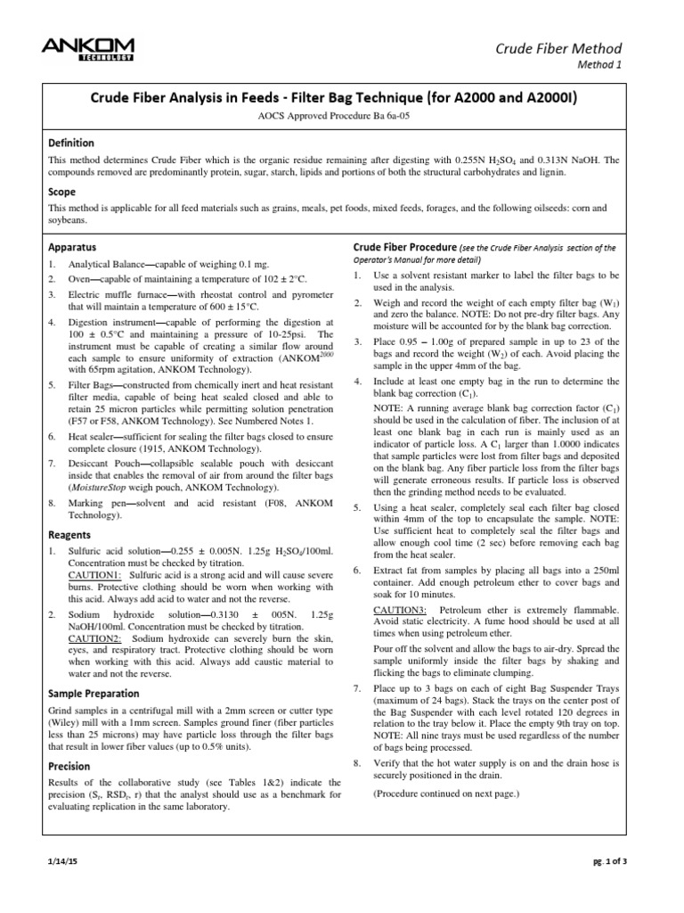 Method 1 Crude Fiber A2000 | PDF | Sodium Hydroxide | Mill (Grinding)
