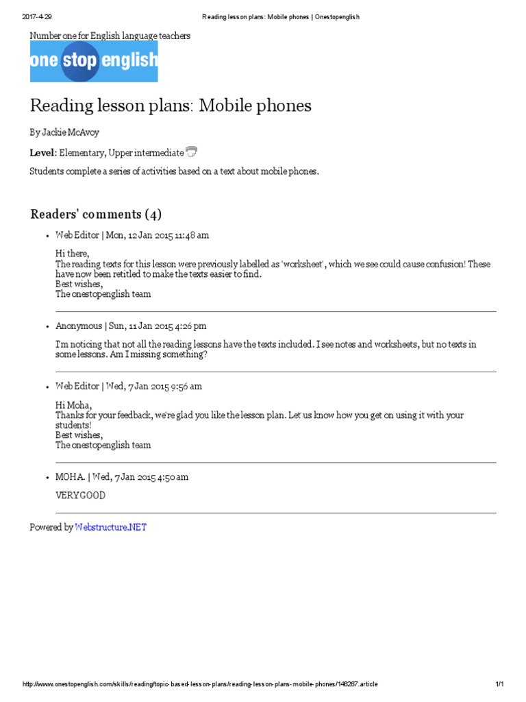 Mobile Phones Reading Lesson Plan | PDF