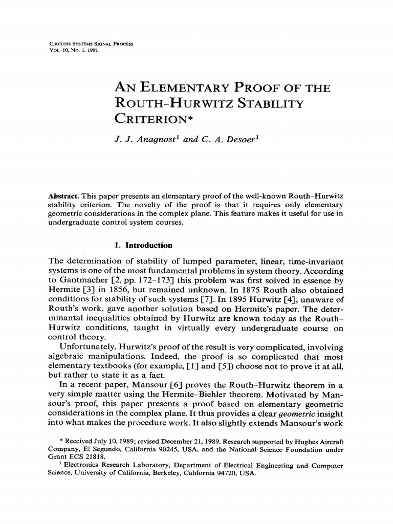 An Elementary Proof of The Routh-Hurwitz Stability Criterion | PDF ...