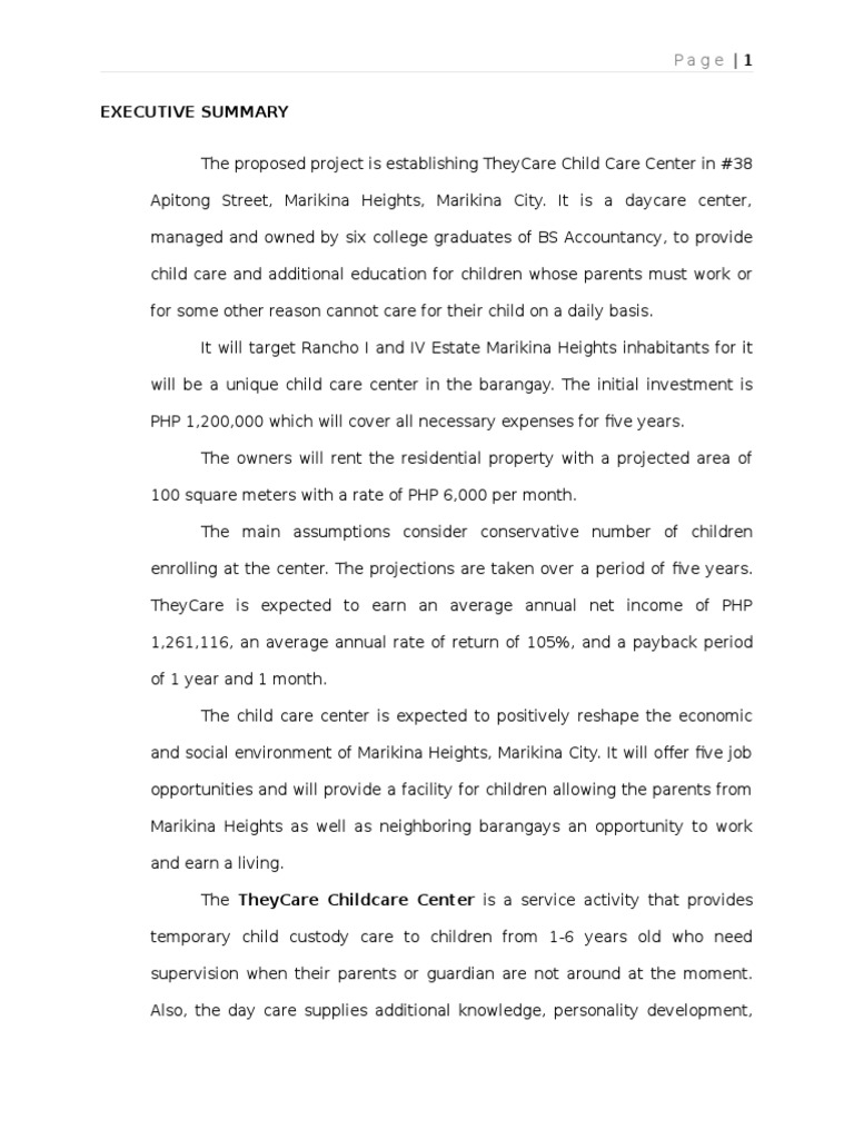 Feasibility Study - TheyCare Child Care Center | PDF | Child Care | Relationships