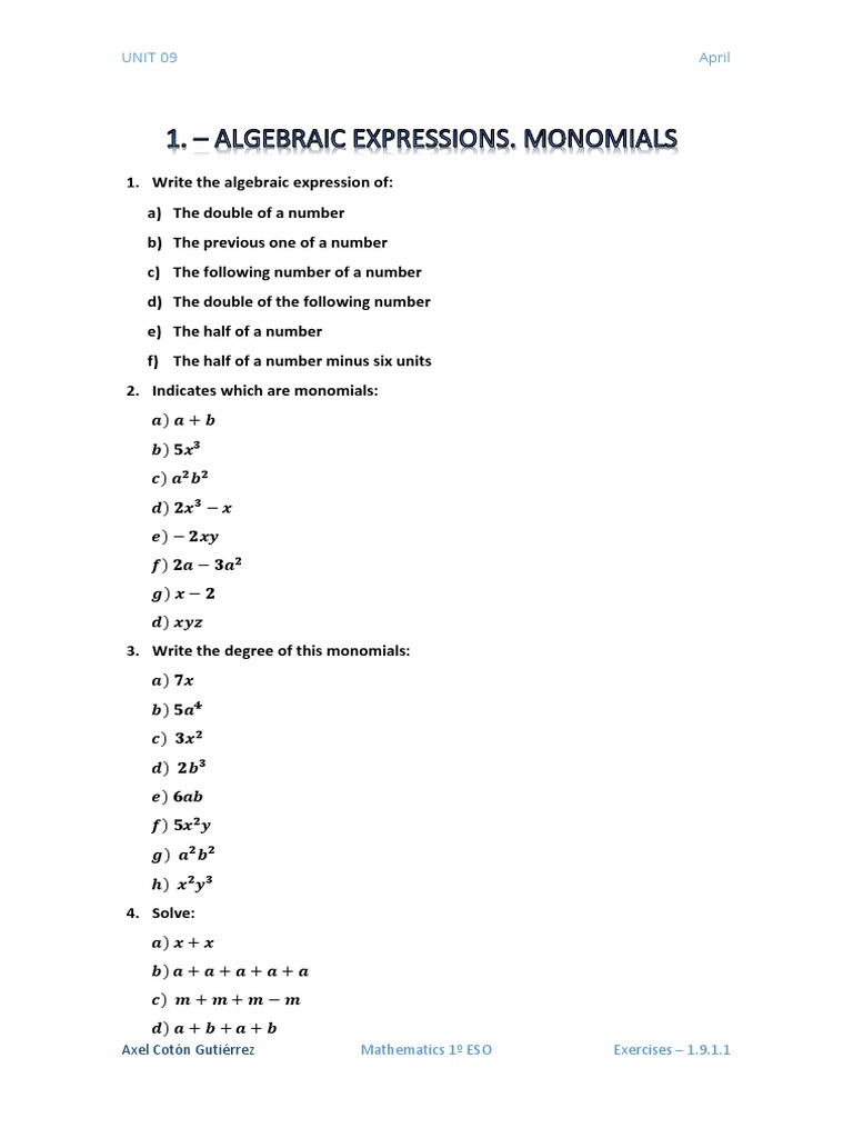 1 ESO - Unit 09 - Exercises 1.9.1 - Algebraic Expressions. Monomials. | PDF