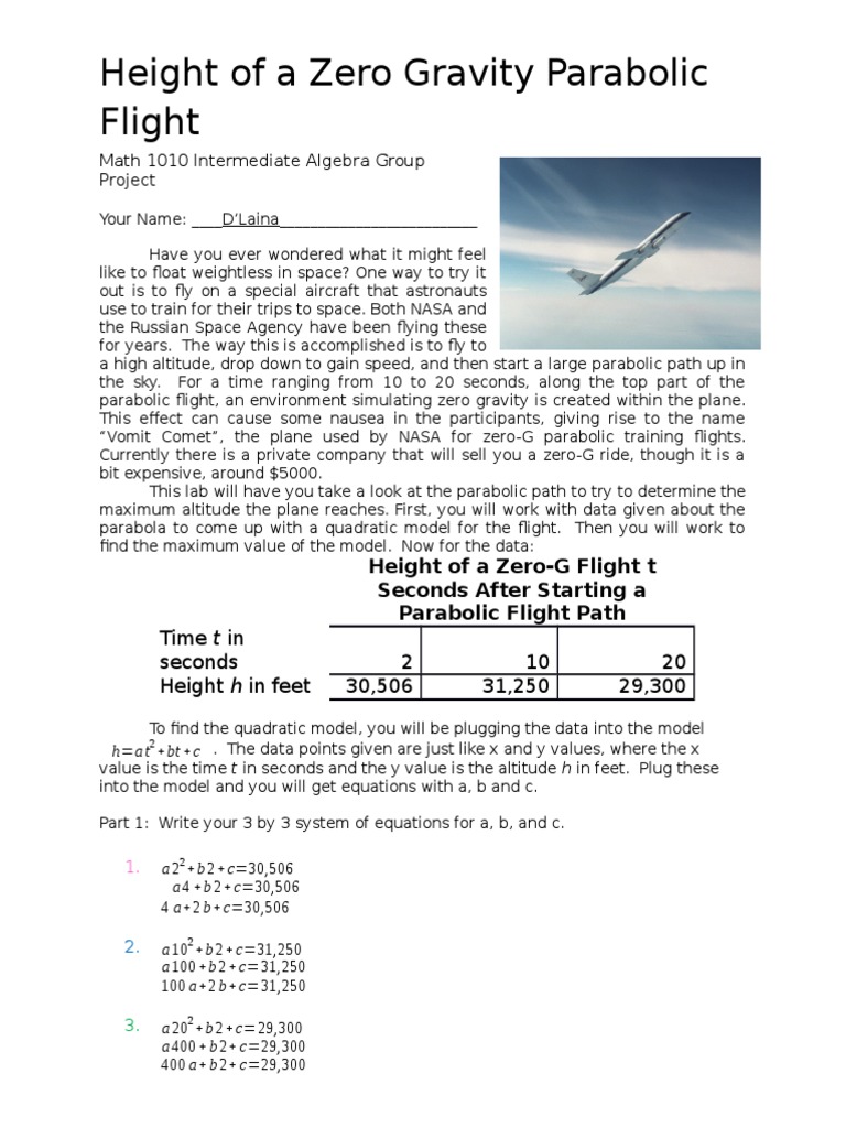 Math 1010 Project 2 Zero Gravity Project | PDF | Weightlessness | Flight