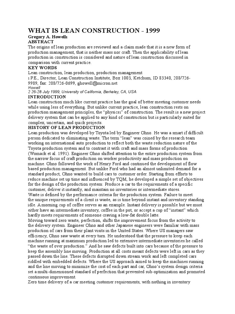 What Is Lean Construction - 1999: Gregory A. Howell | PDF | Lean ...